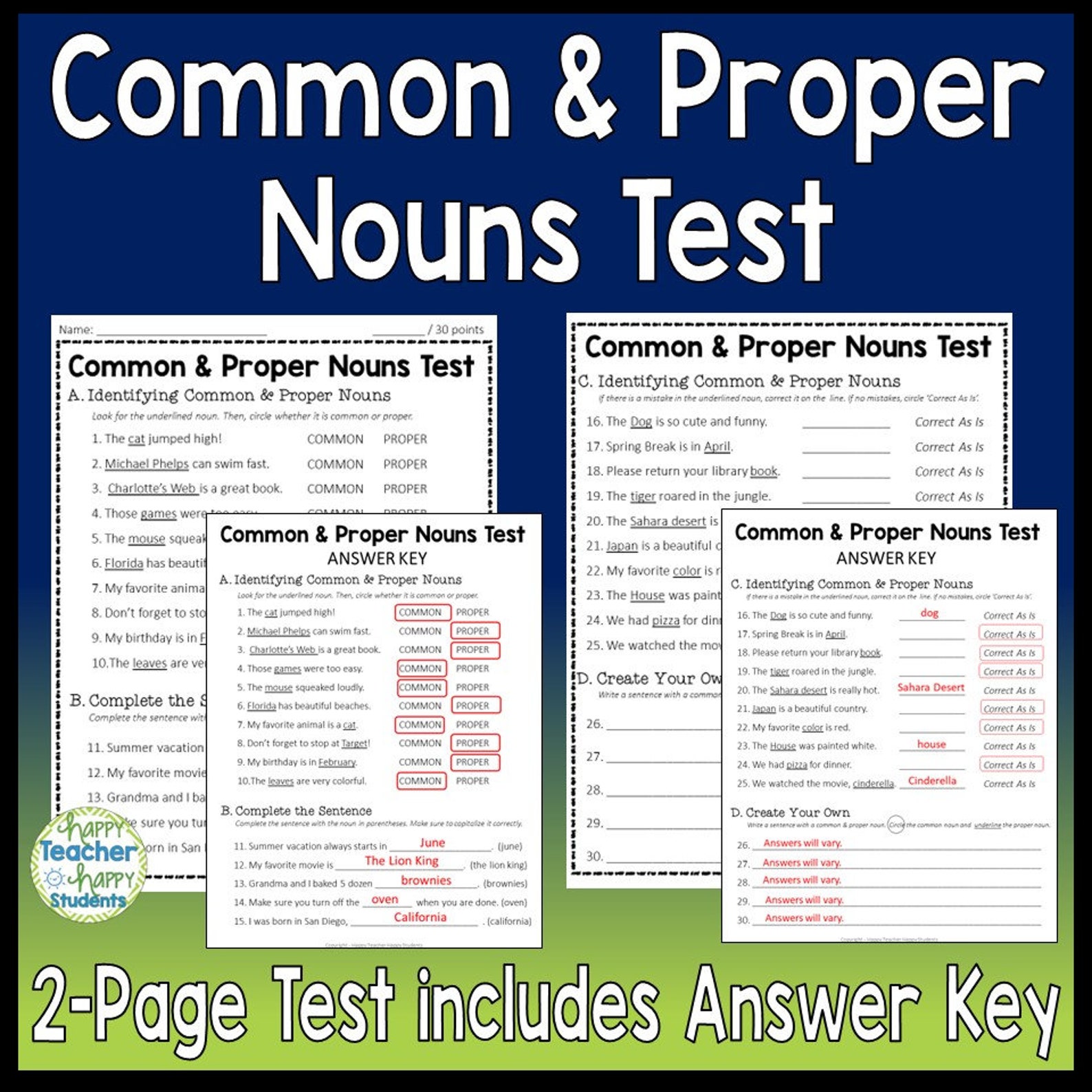 Common and Proper Nouns Quiz: 2-page Test With Answer Key (digital ...