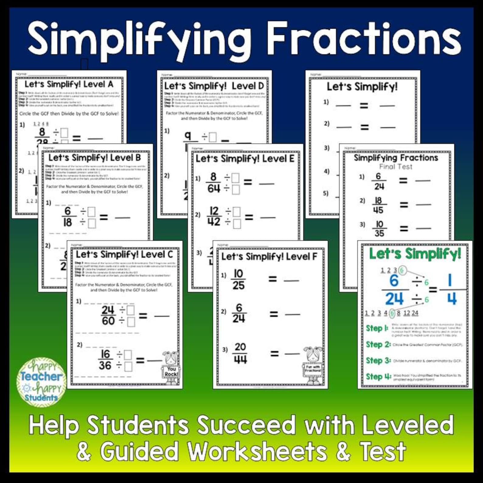 Simplifying Fractions Worksheets: Six Leveled Simplifying Fraction ...