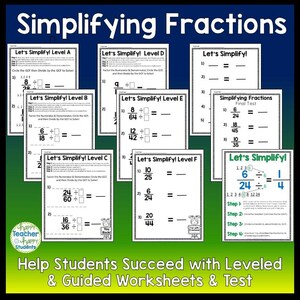Simplifying Fractions Worksheets: Six Leveled Simplifying Fraction ...
