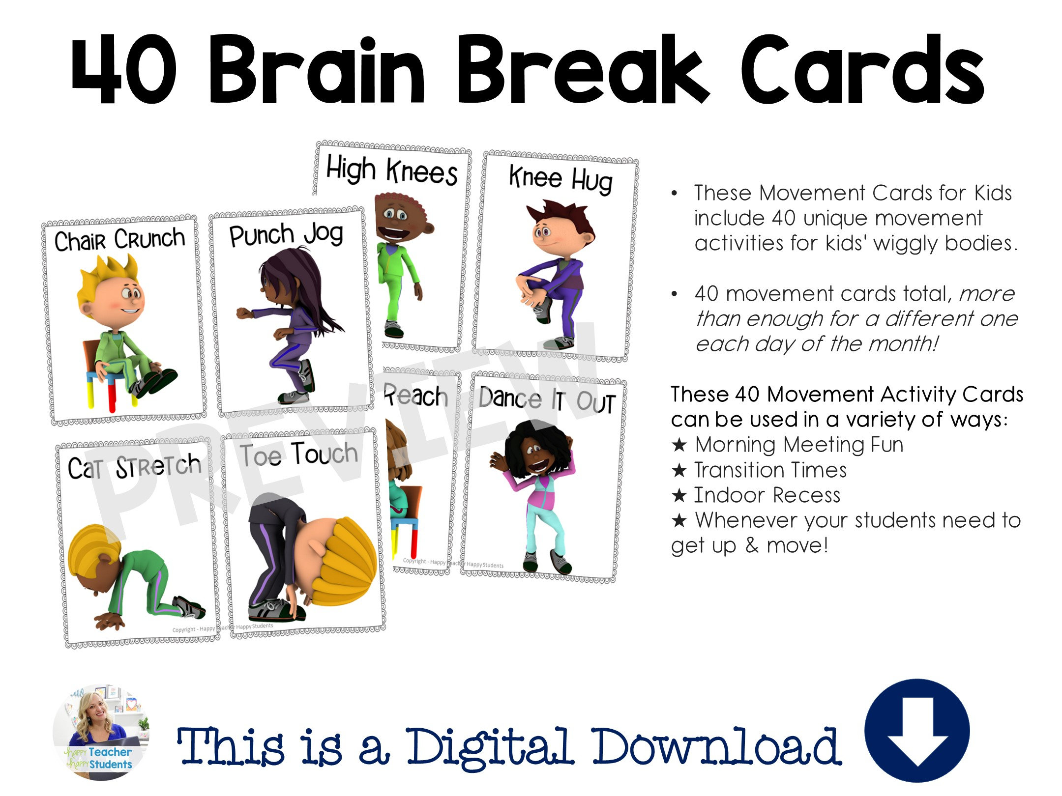 Movement Break Cards: 40 Kid Movement Cards, Brain Breaks Printable ...