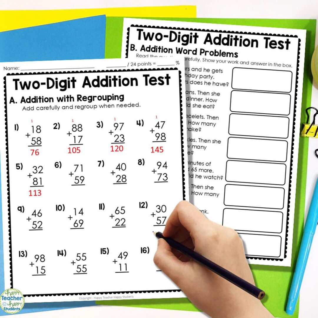 Two Digit Addition Test | 2 Digit Addition W Regrouping Quiz | Add ...