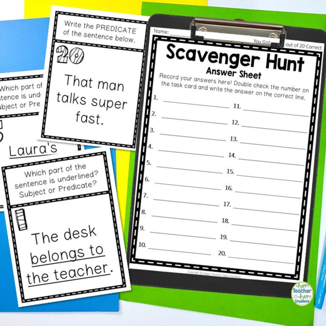 Subject and Predicate Scavenger Hunt Activity | 20 Subject & Predicate ...