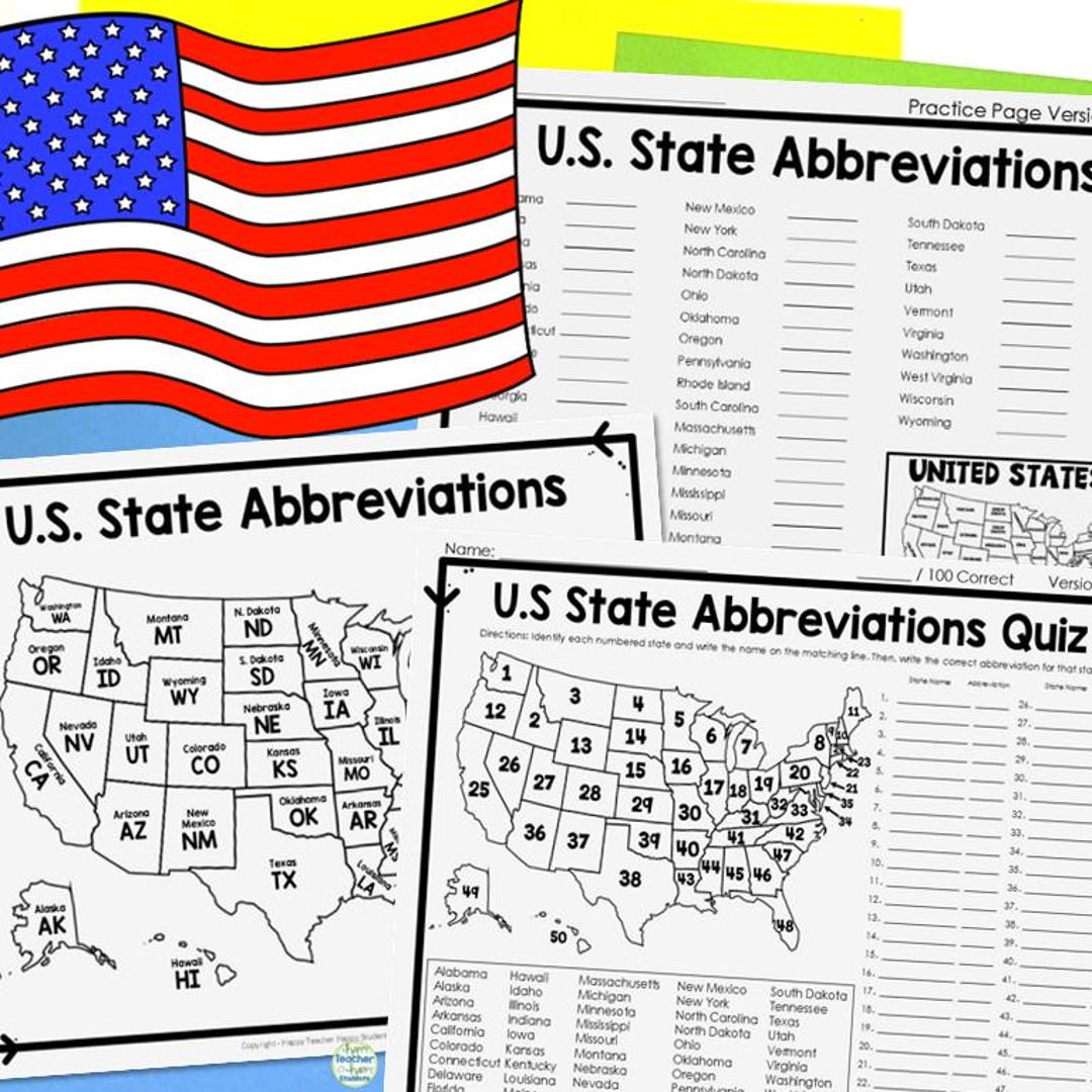 State Abbreviations: Maps, Worksheet & Quiz (test) With 2 Difficulty ...