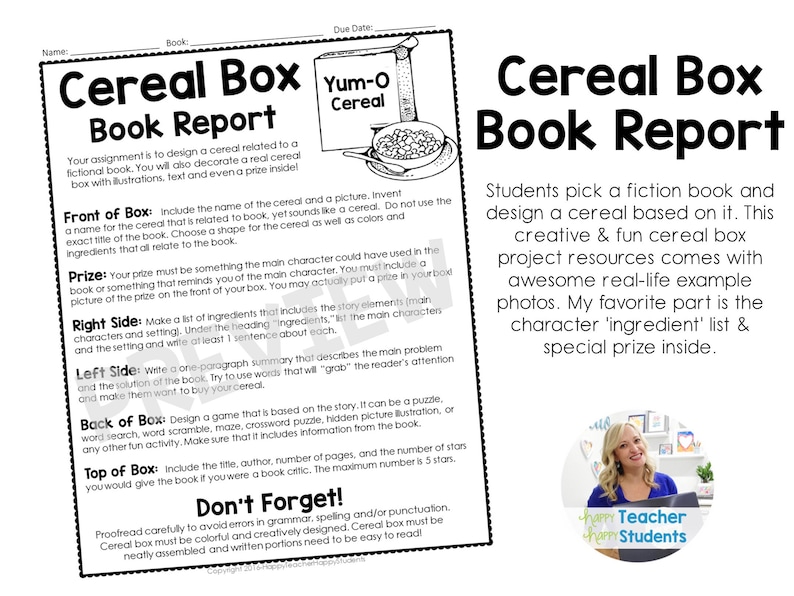 Cereal Box Book Report Template, Fun Book Project for Elementary ...