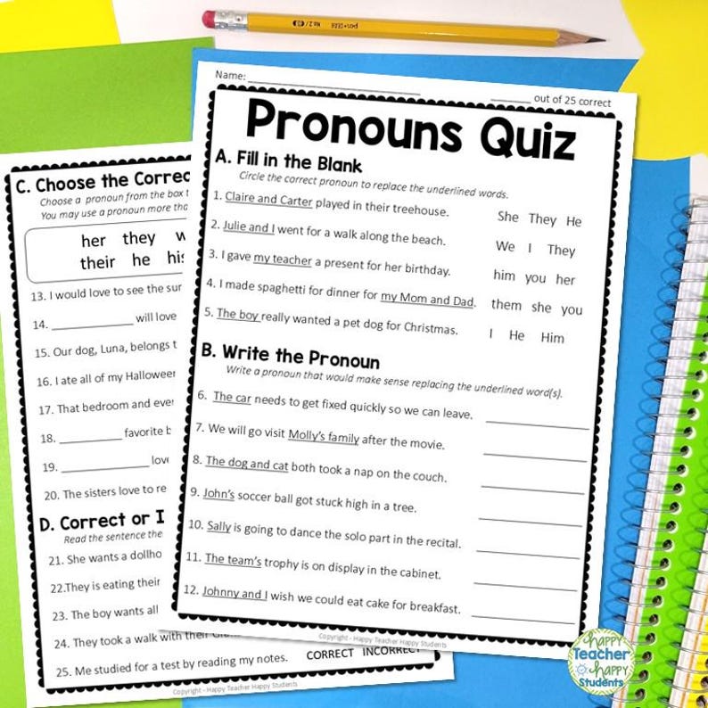 Using Pronouns Test: 2-page Pronouns Quiz With Answer Key (printable ...