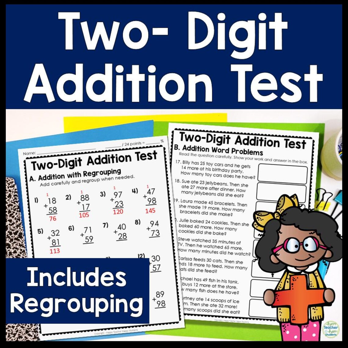 2-digit Addition With Regrouping Test With Answer Key (digital Download ...