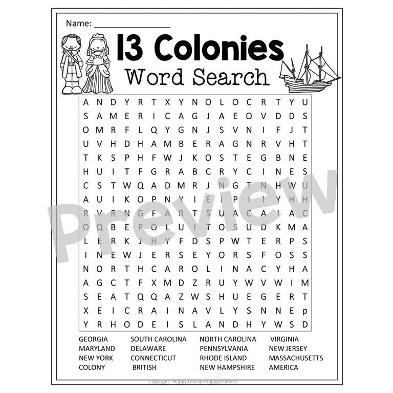 13 Colonies Word Search Activity Answer Key Included 13 Colonies ...
