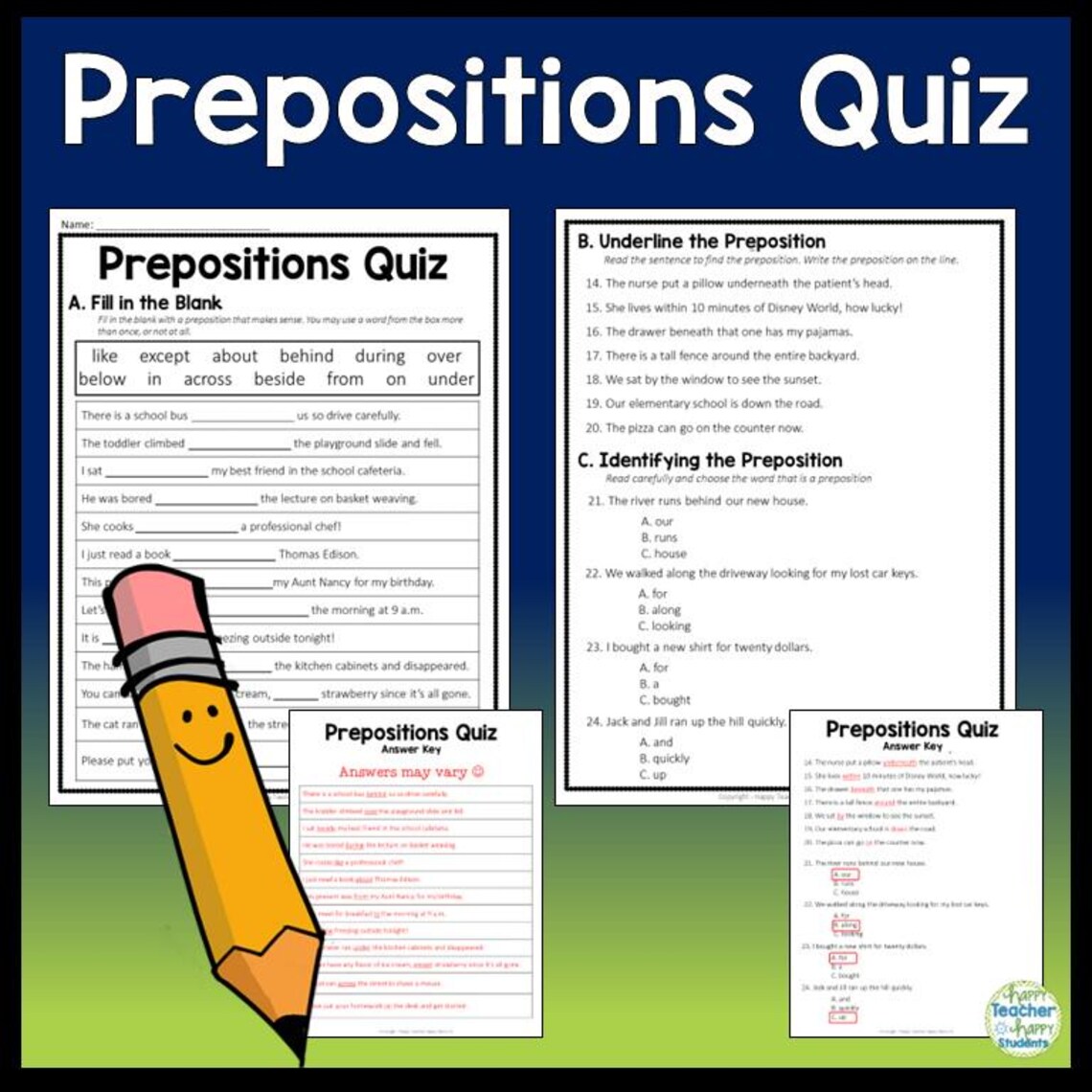 Prepositions Quiz | 2 Page Prepositions Test With Answer Key (digital ...