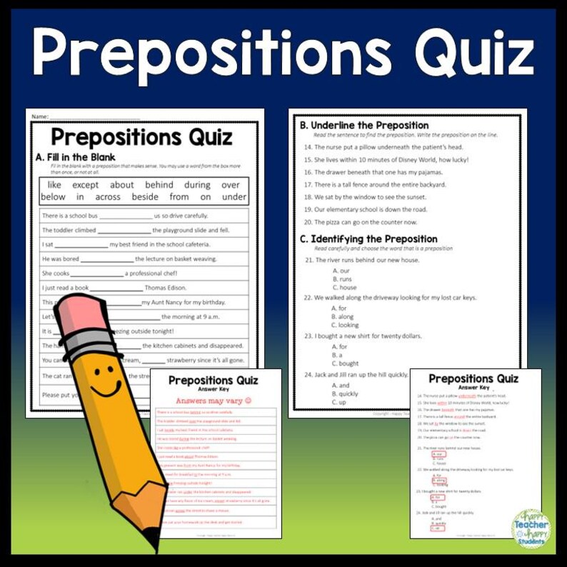 Prepositions Quiz | 2 Page Prepositions Test With Answer Key (digital ...