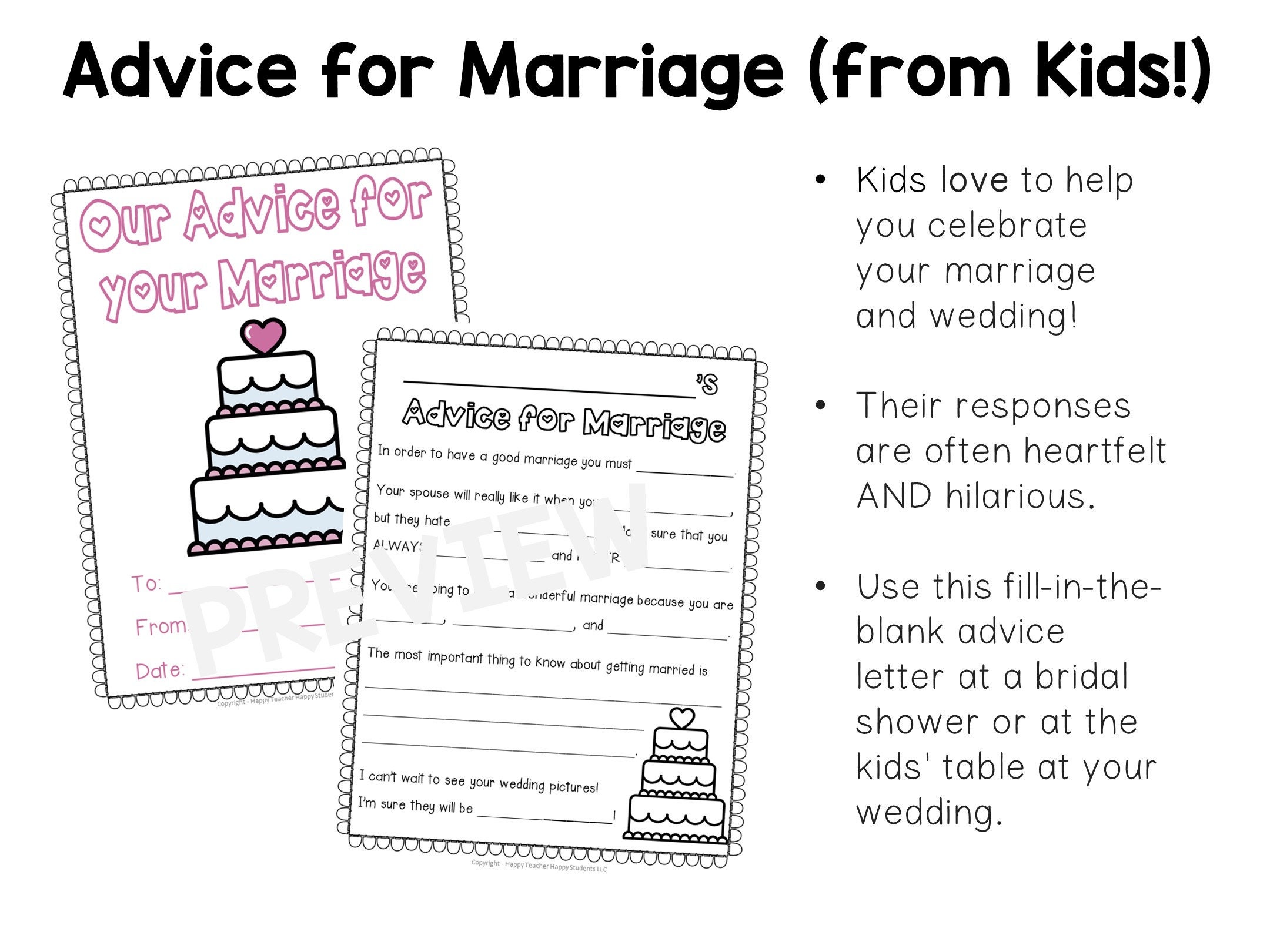 Childrens Advice for Marriage, Wedding Advice Book, Weddings Kids Table ...
