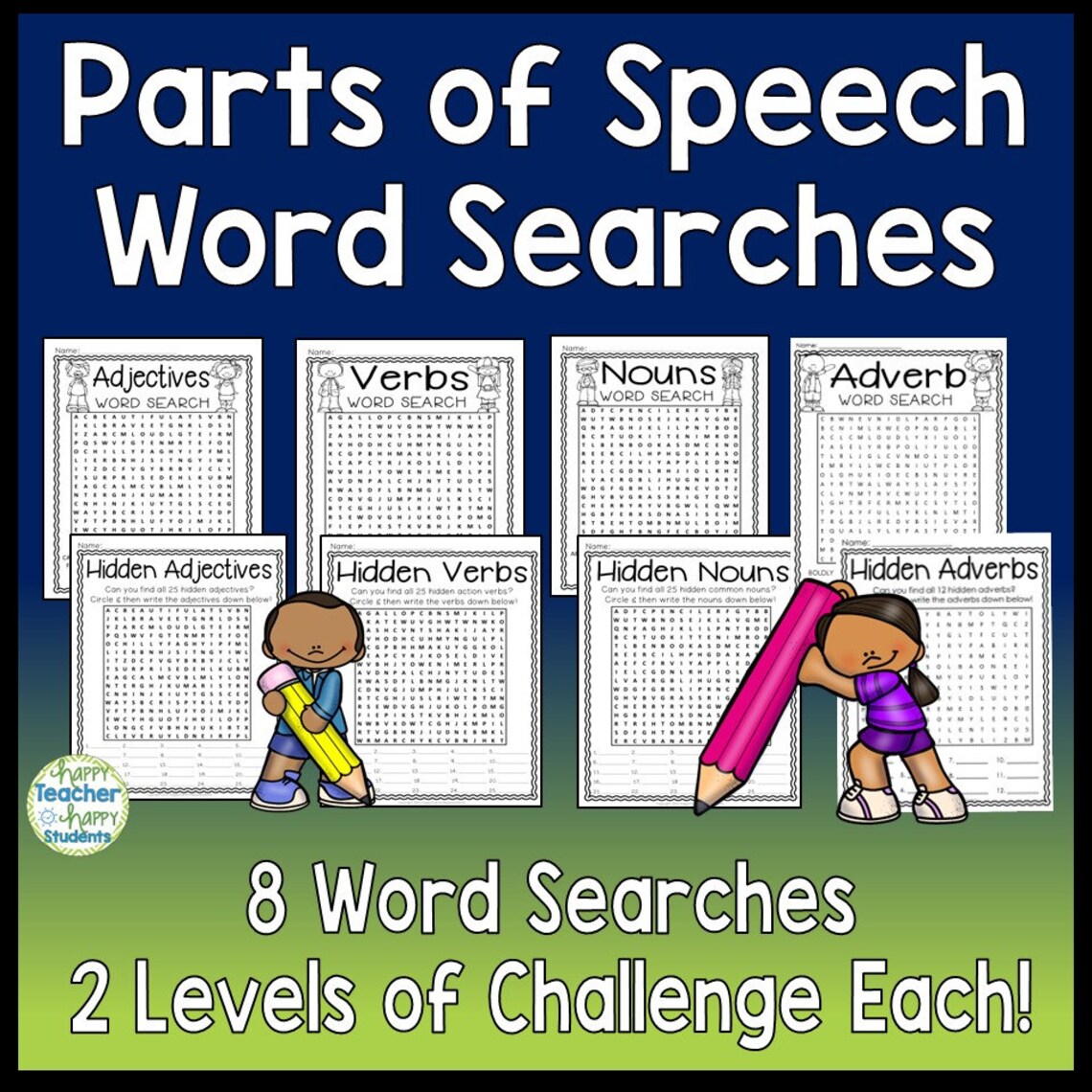 Noun, Verb, Adjective and Adjective Word Search: 8 Parts of Speech Word ...