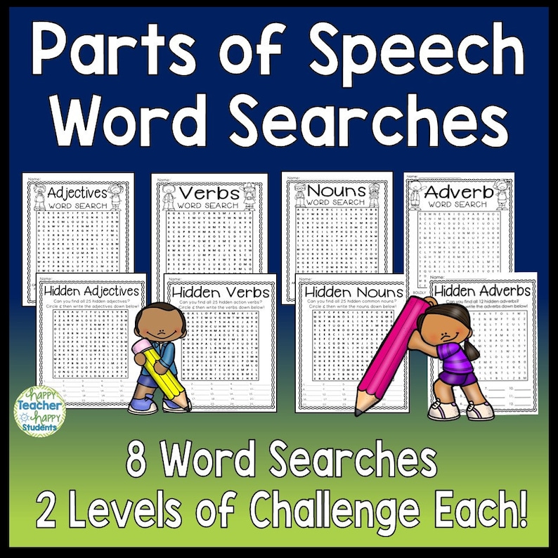 Noun, Verb, Adjective and Adjective Word Search: 8 Parts of Speech Word ...