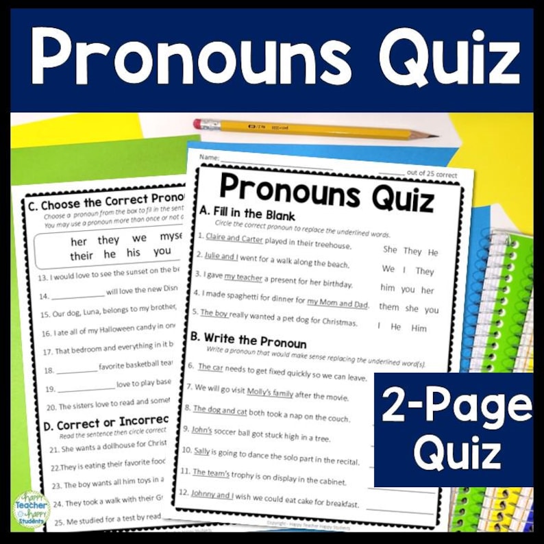 Using Pronouns Test: 2-page Pronouns Quiz With Answer Key (printable ...