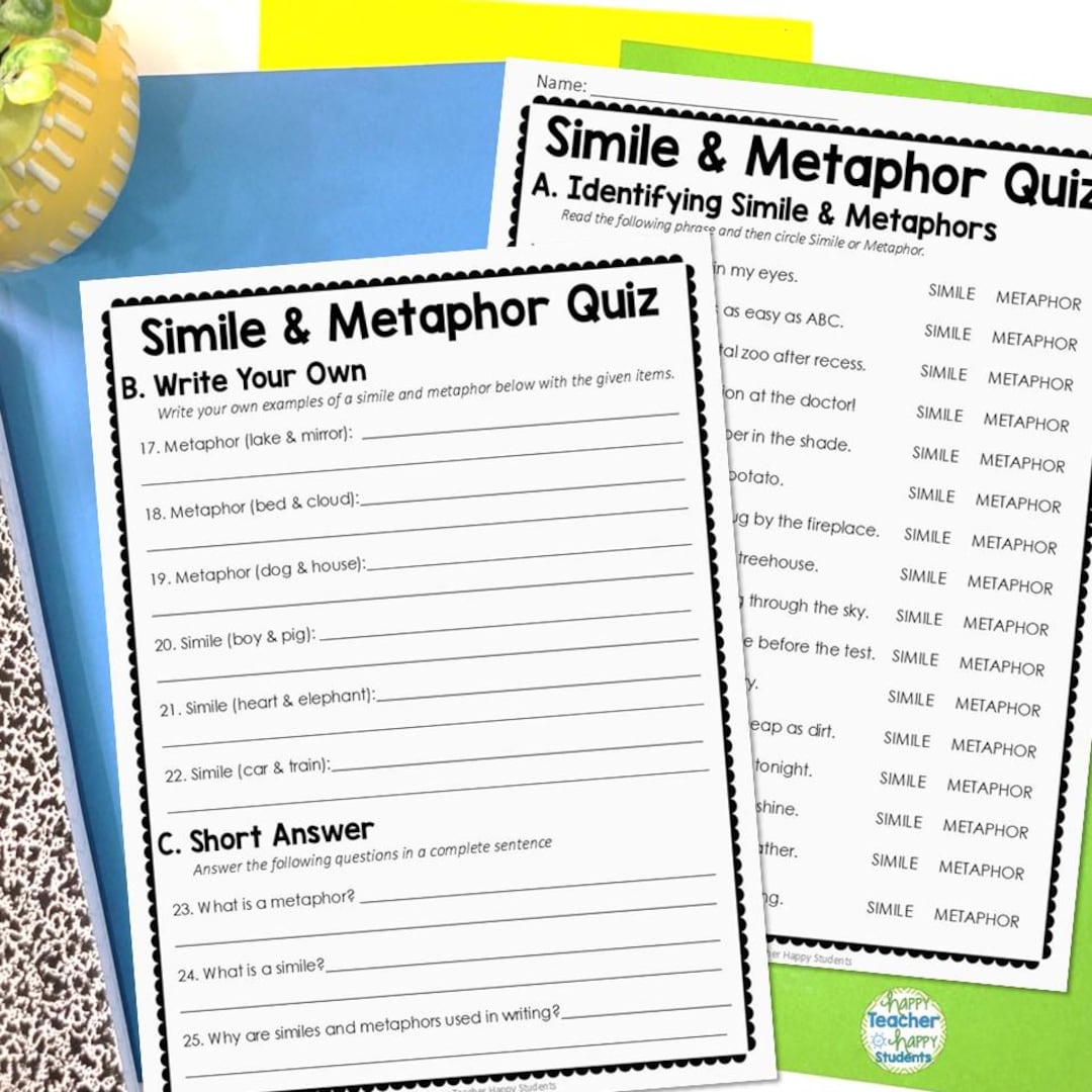 Simile and Metaphor Quiz | Simile and Metaphor Test | 2 Page Quiz W ...