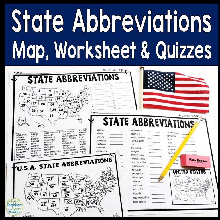 State Abbreviations: Maps, Worksheet & Quiz test With 2 Difficulty ...