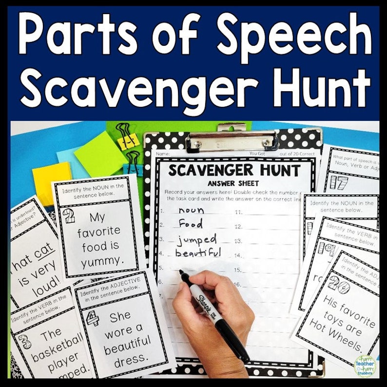 Parts of Speech Scavenger Hunt Activity, 20 Noun, Verb and Adjective ...