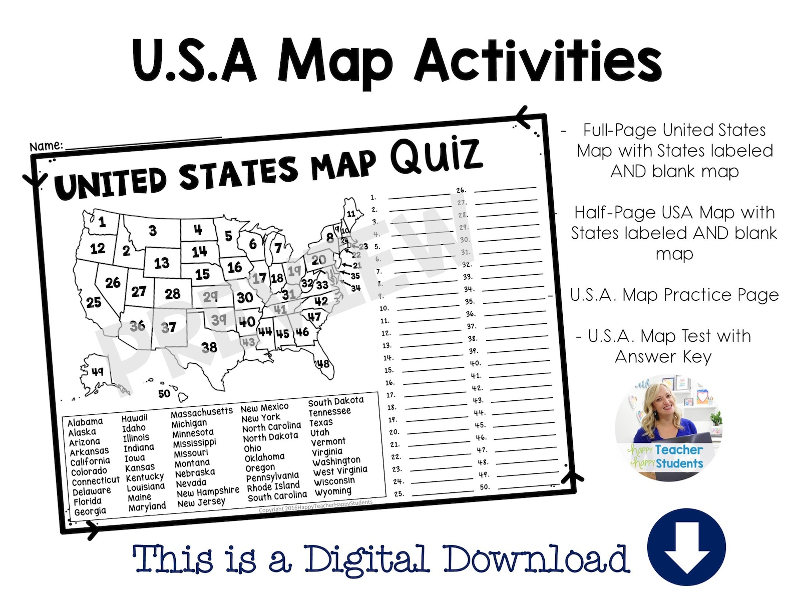 United States Map Quiz & Worksheet: USA Map Test With Practice Sheet ...