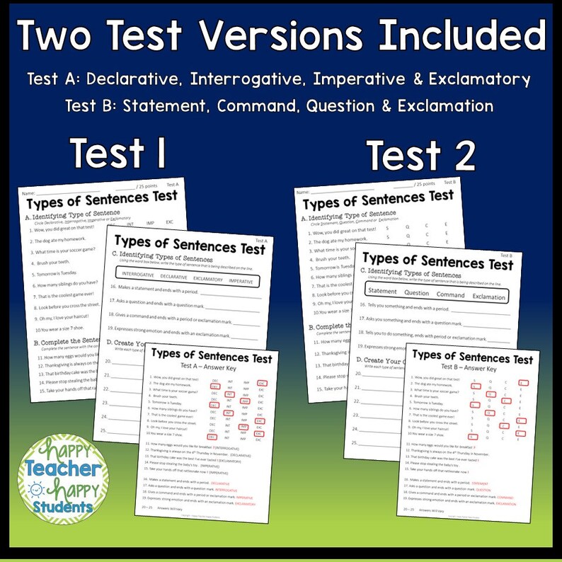 Types of Sentences Quiz: 2 Test Versions With Answer Key (digital ...