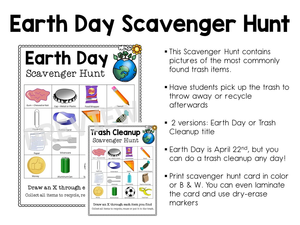 Earth Day Scavenger Hunt Earth Day Activity Printable Trash Clean up ...