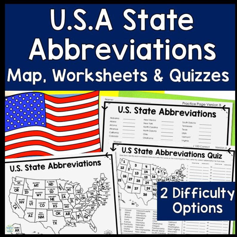 State Abbreviations: Maps, Worksheet & Quiz (test) With 2 Difficulty ...