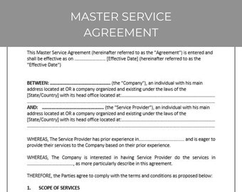 Master Service Level Agreement Contract Template | 7 Page Printable ...