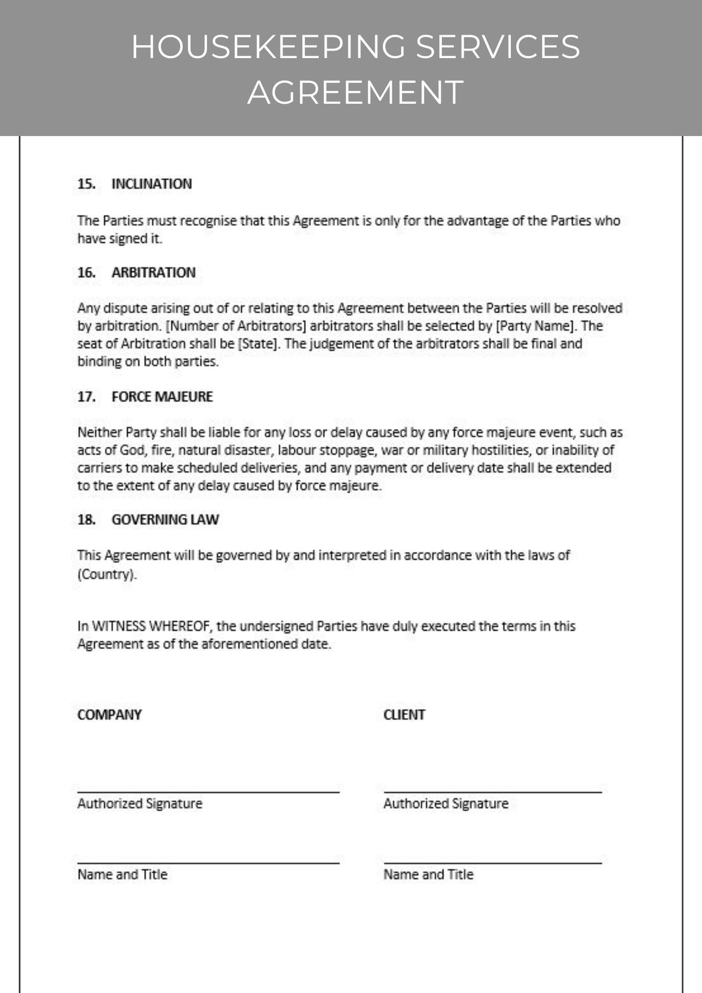 Housekeeping Service Agreement, Editable Template, Contract Agreement ...
