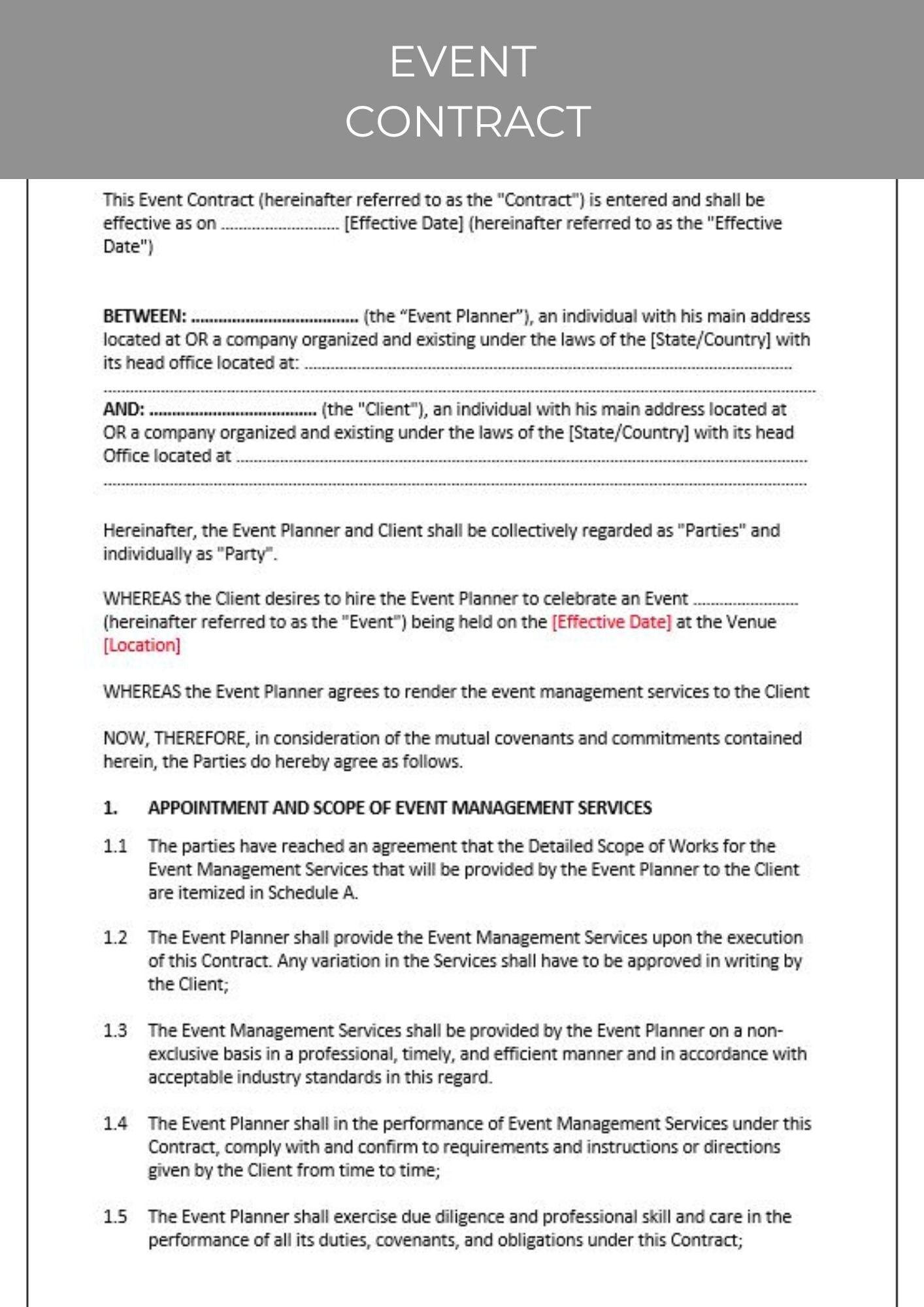 Event Contract, Editable Template, Contract Agreement, Event Contract ...