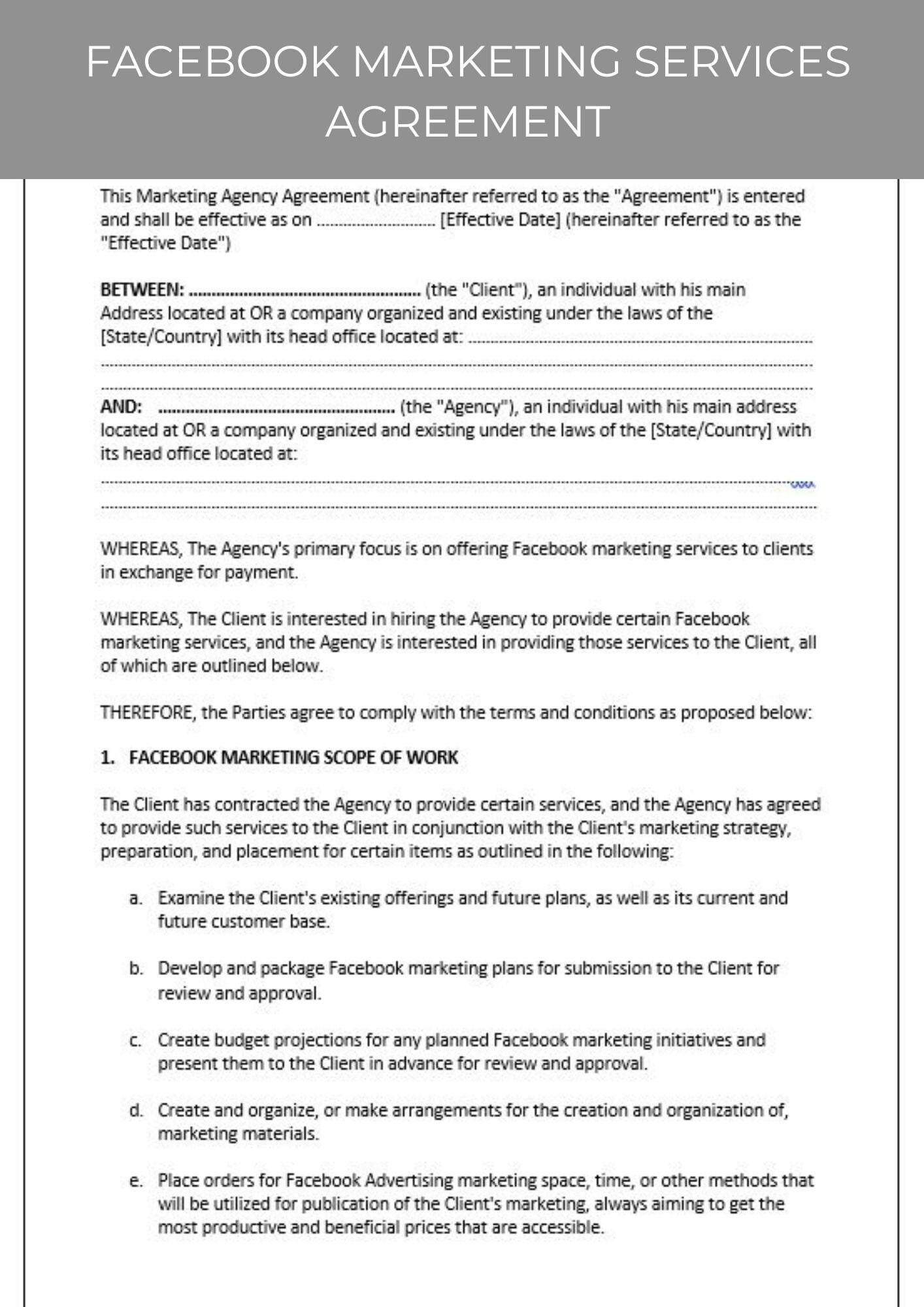 Facebook Marketing Services Agreement, Editable Template, Contract ...