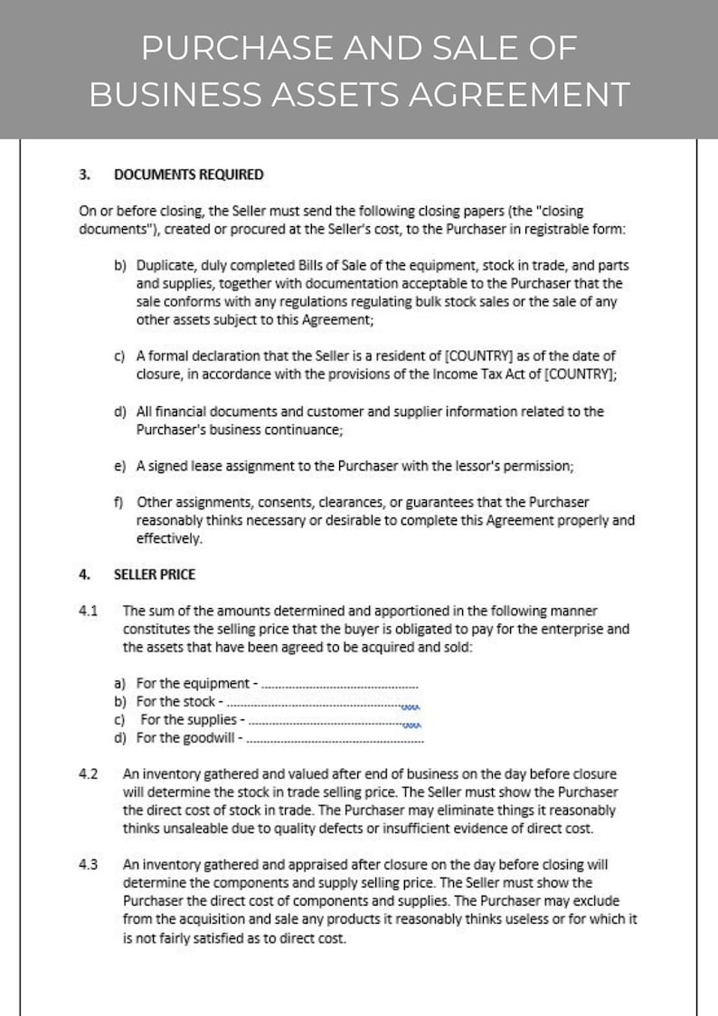 Purchase and Sale of Business Assets Agreement, Editable Template ...