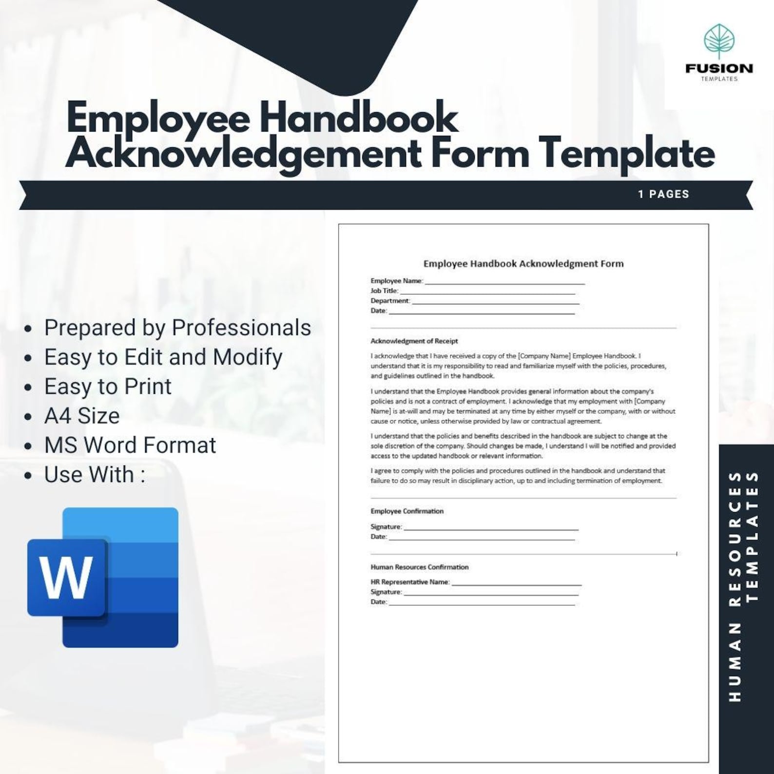 Employee Handbook Acknowledgement Form Templates Human Resources ...