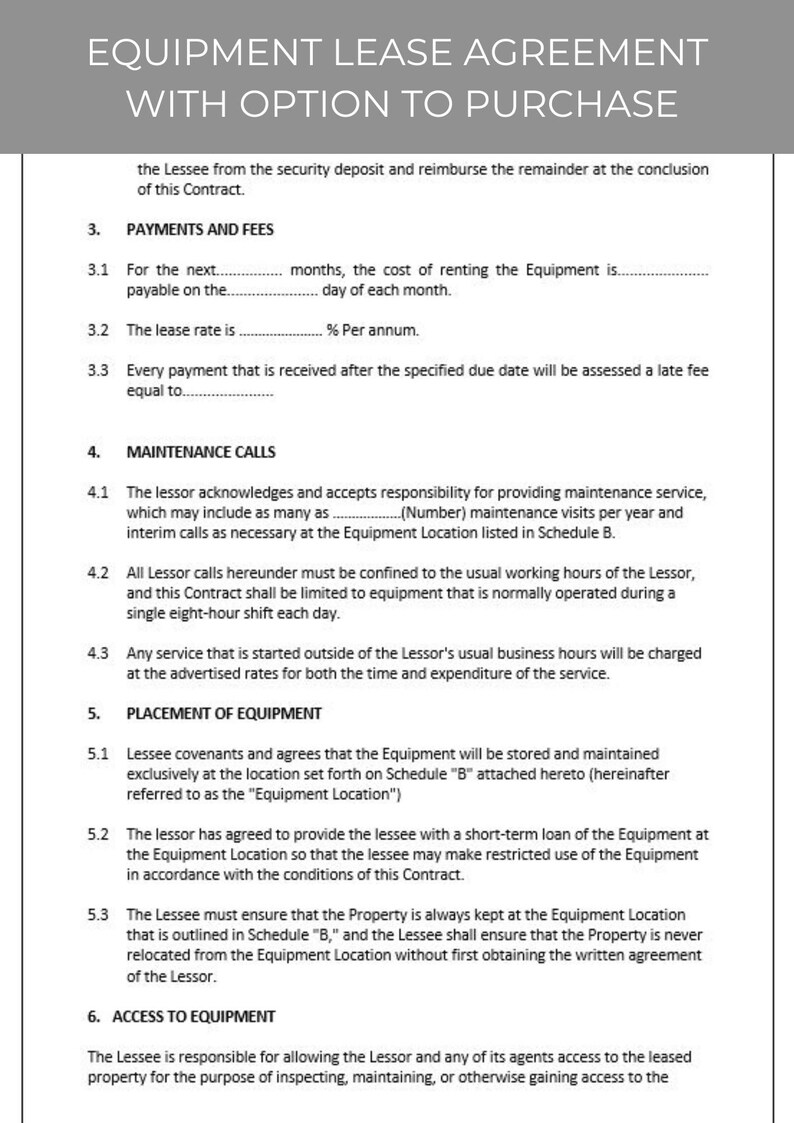 Equipment Lease With Option to Purchase Agreement, Editable Template ...