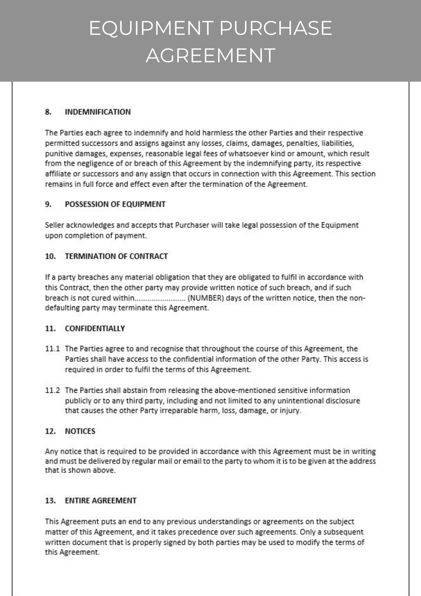 Equipment Purchase Agreement, Contract Agreement, Contract Template ...