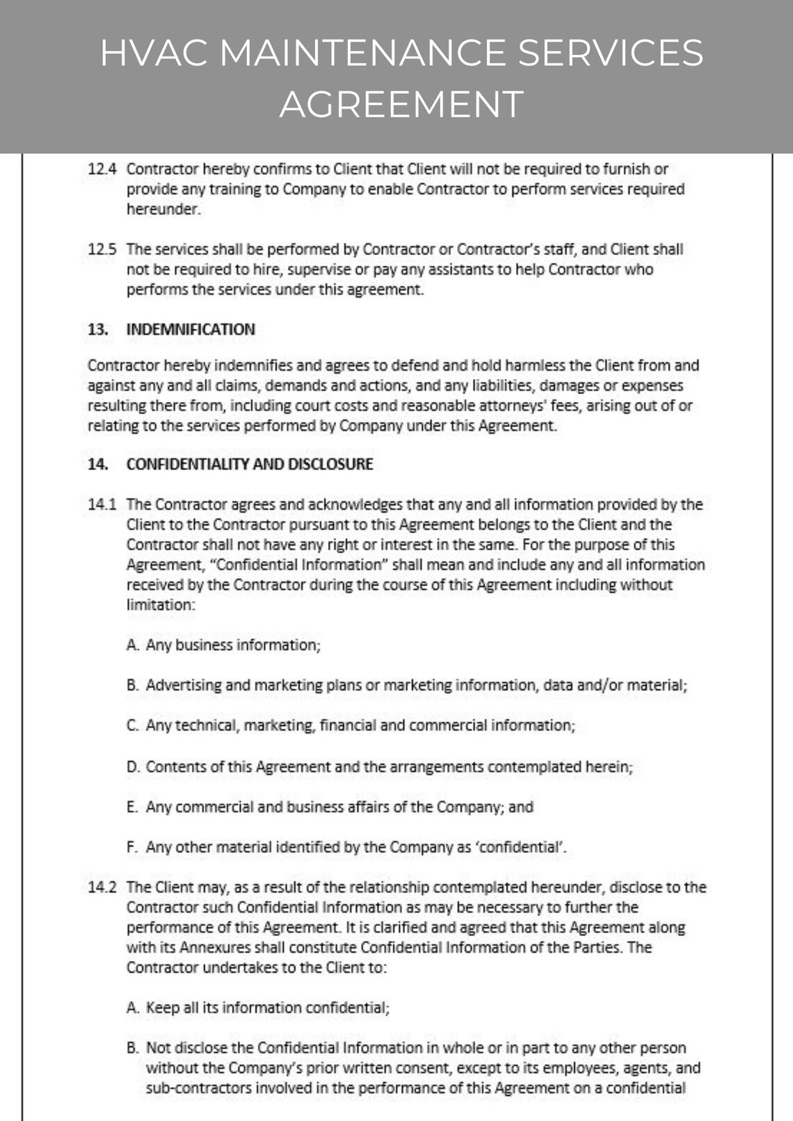 HVAC Maintenance Services Agreement, Editable Agreement, Contract ...