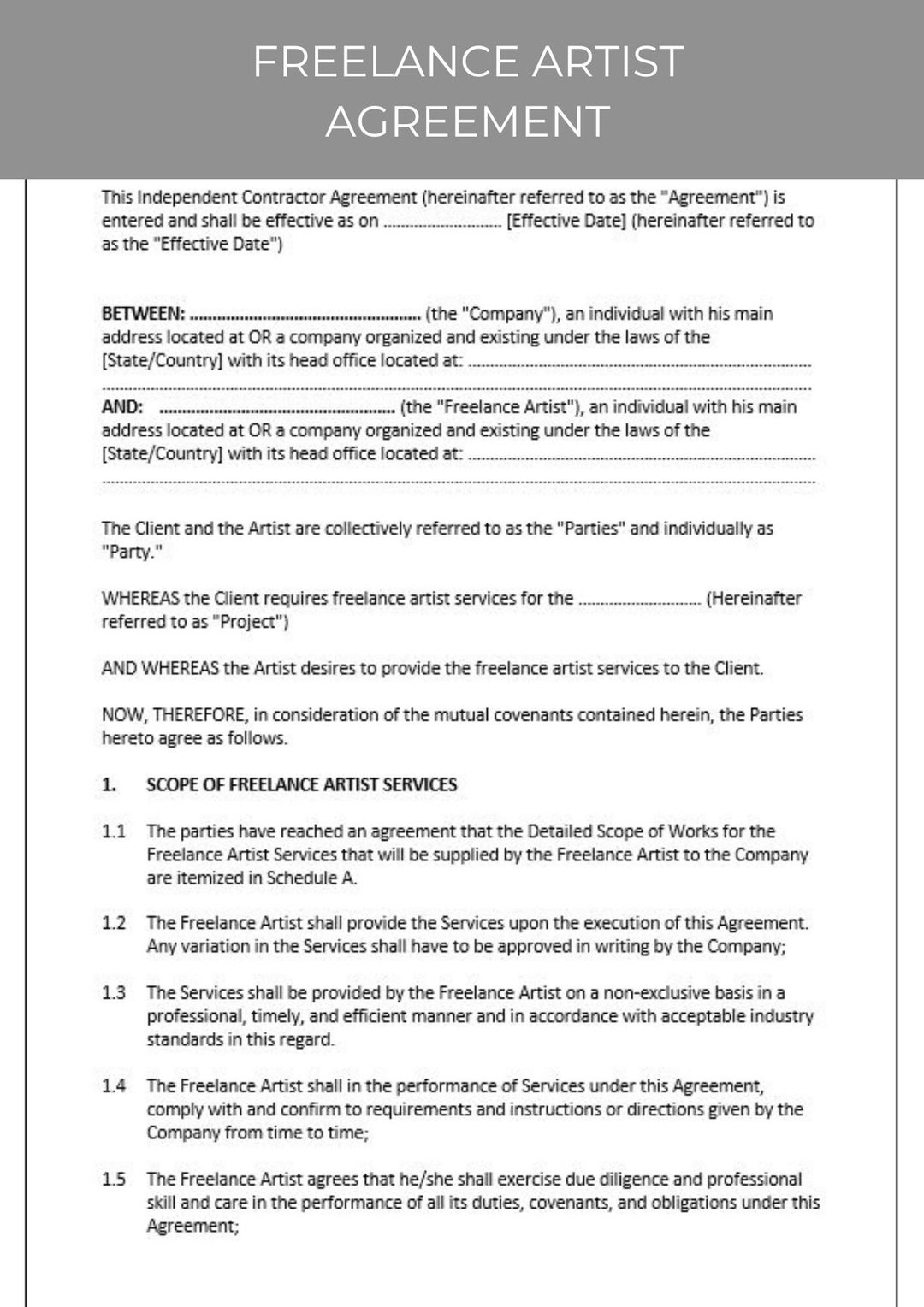 Freelance Artist Agreement, Editable Agreement, Contract Agreement ...
