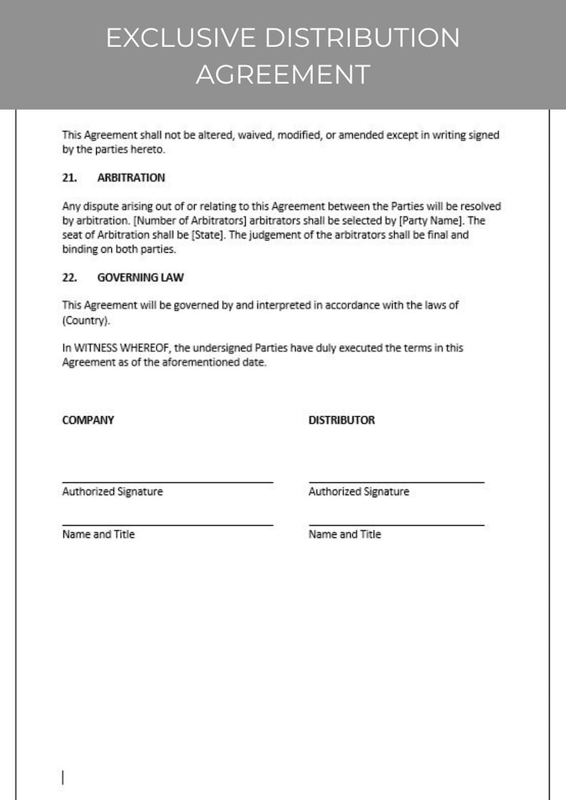 Exclusive Distribution Agreement, Editable Template, Contract Agreement ...