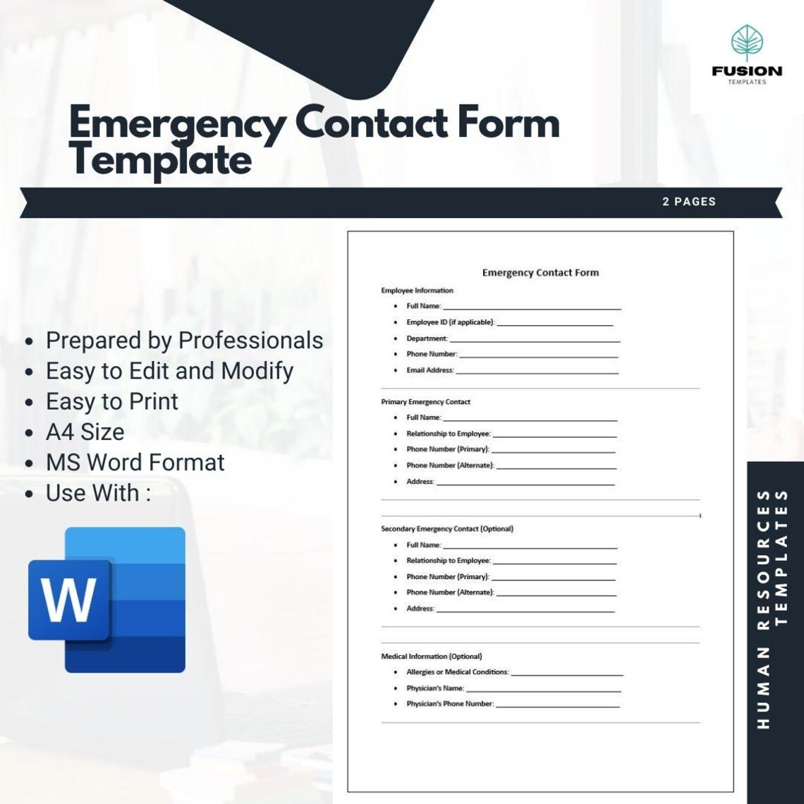 Emergency Contact Form Templates Human Resources Document Templates - Etsy