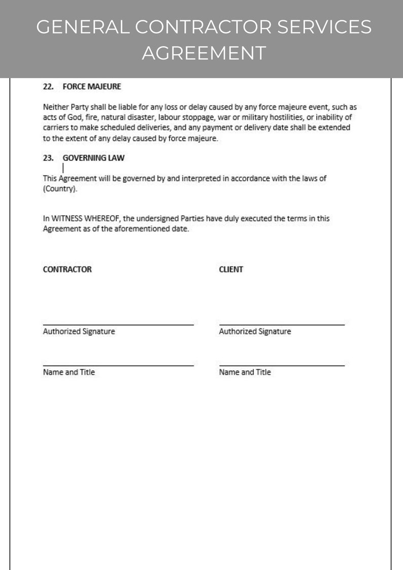 General Contractor Services Agreement, Editable Template, Contract ...