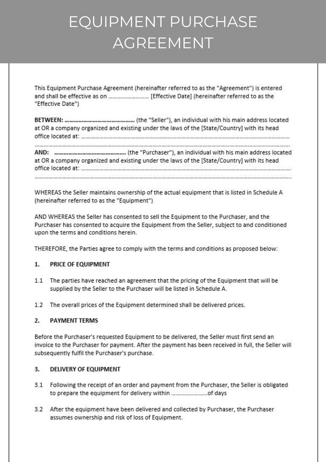 Equipment Purchase Agreement, Contract Agreement, Contract Template ...