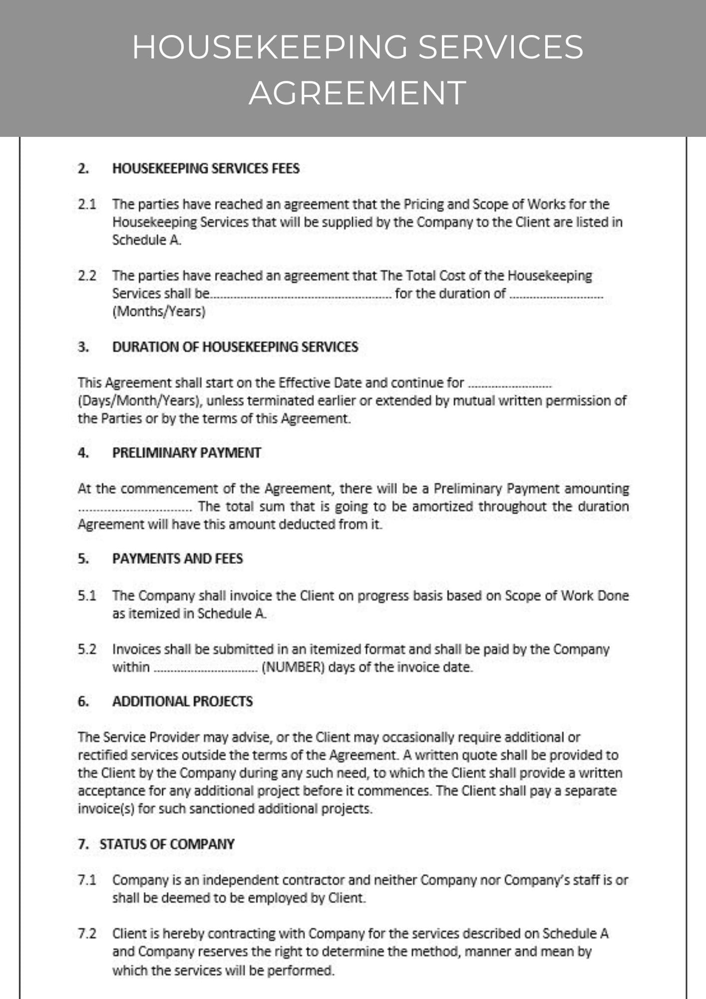 Housekeeping Service Agreement, Editable Template, Contract Agreement ...