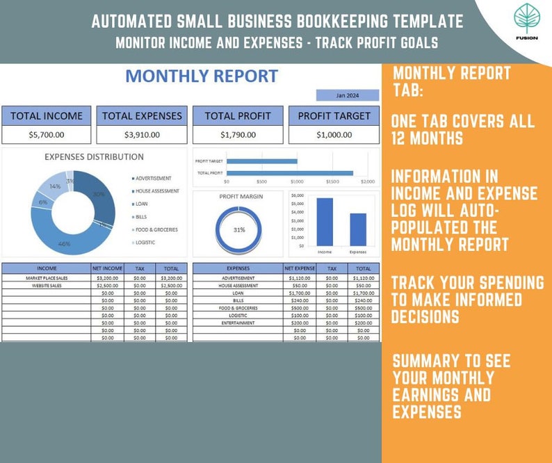 Automated Small Business Bookkeeping Income Sales Expense Tracker ...