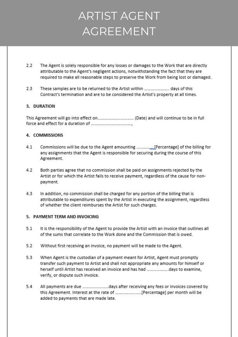 Artist Agent Agreement, Contract Agreement, Contract Template ...