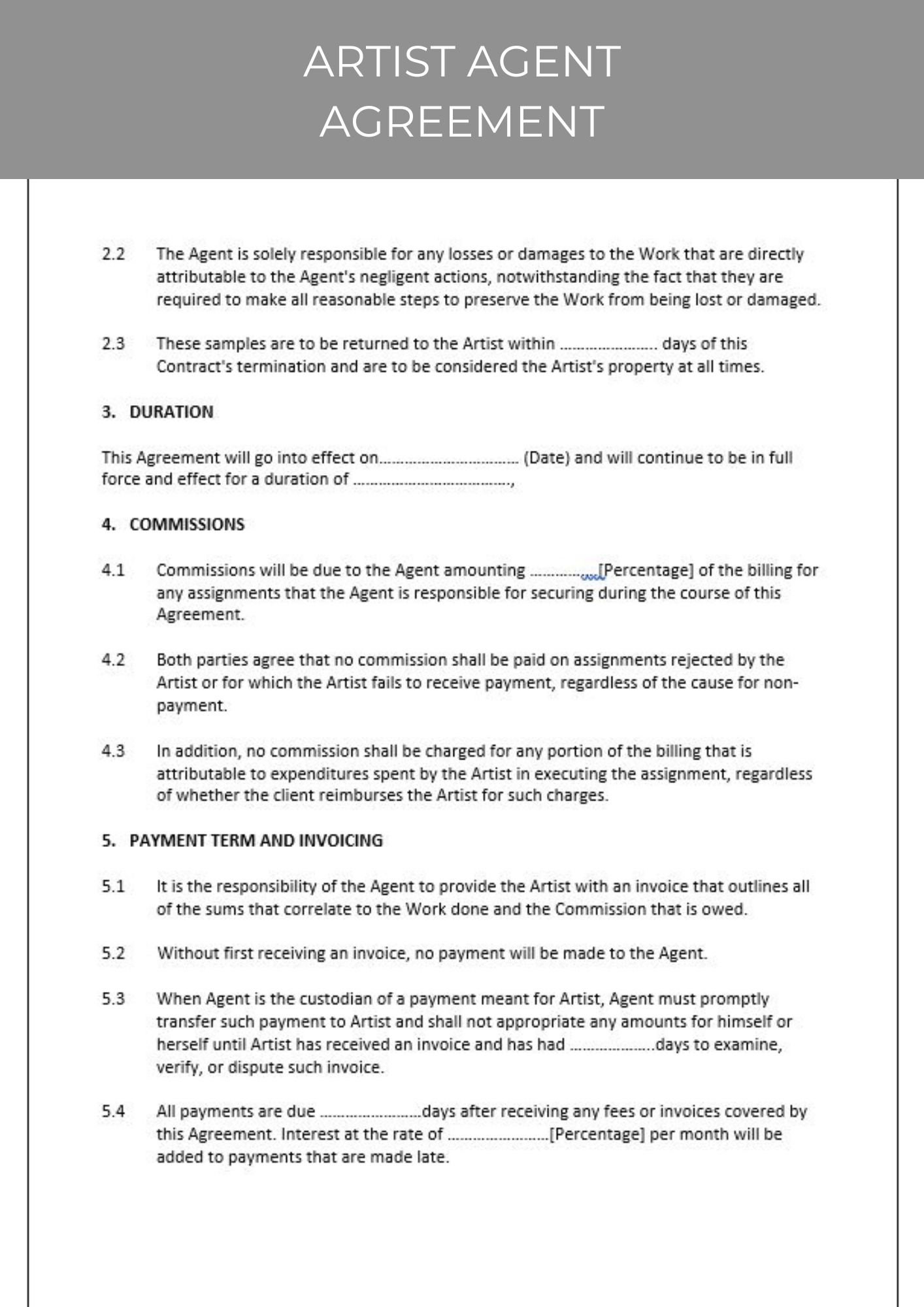Artist Agent Agreement, Contract Agreement, Contract Template ...