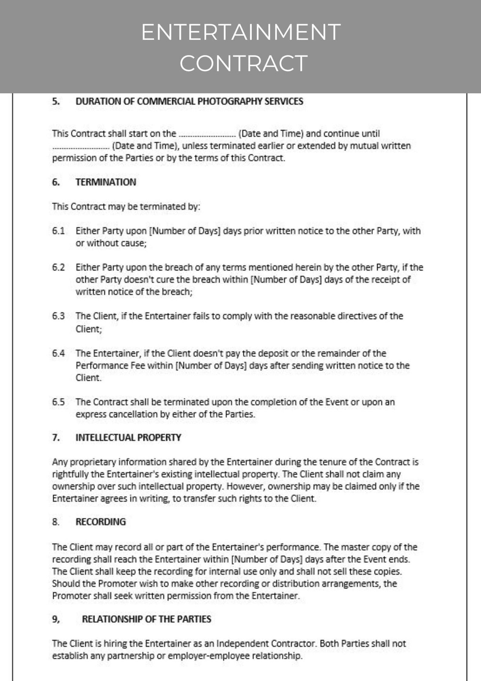 Entertainment Contract, Editable Template, Contract Agreement ...