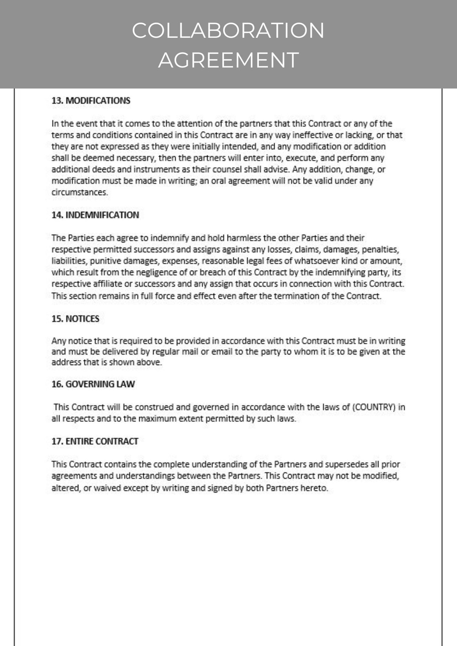 Collaboration Agreement, Contract Agreement, Editable Template ...