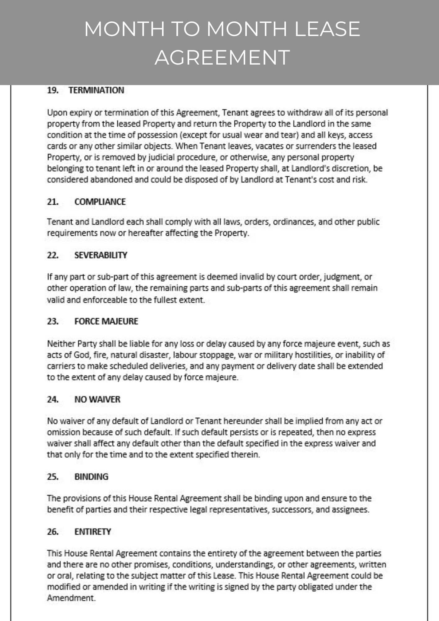 Month to Month Lease Agreement, Rental Agreement, Residential Lease ...