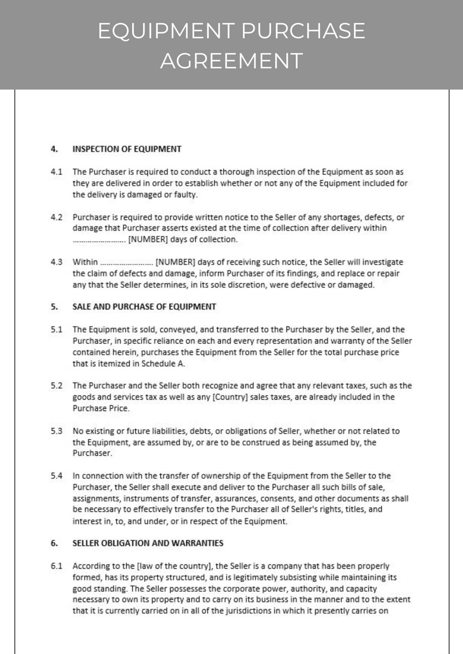 Equipment Purchase Agreement, Contract Agreement, Contract Template ...