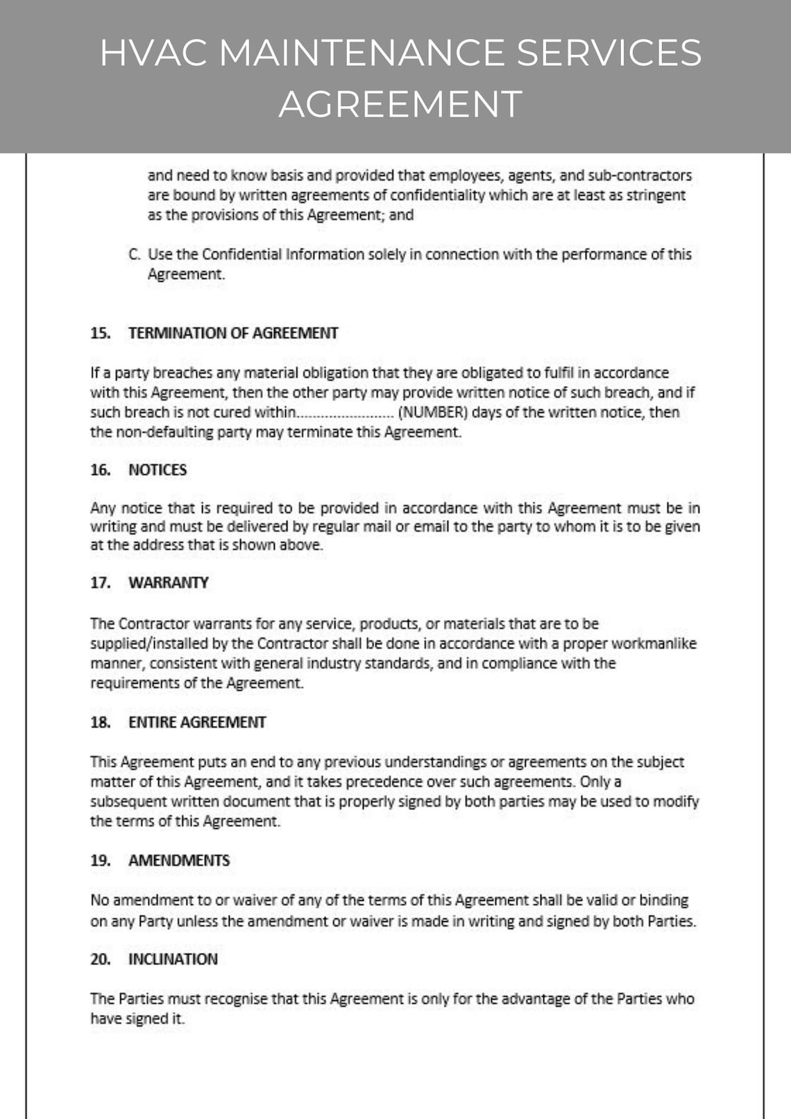 HVAC Maintenance Services Agreement, Editable Agreement, Contract ...