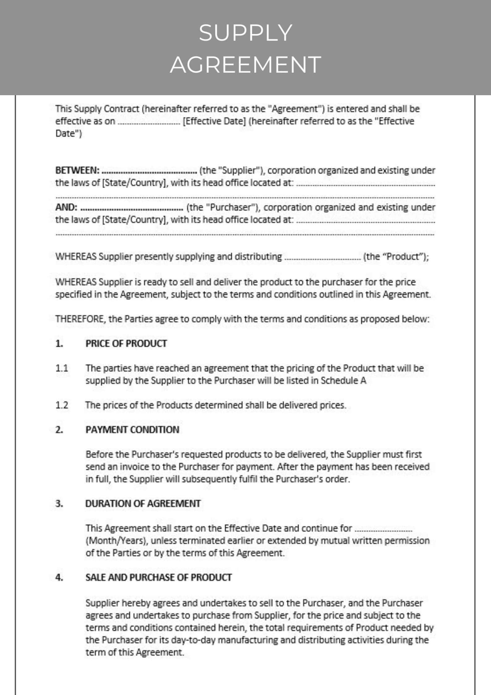 Supply Agreement, Contract Agreement, Supply Contract Template, Supply Agreement Template ...