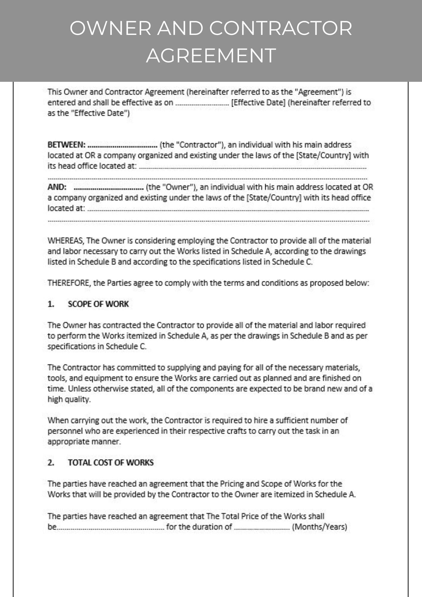 Owner and Contractor Agreement, Construction Agreement, Contract ...