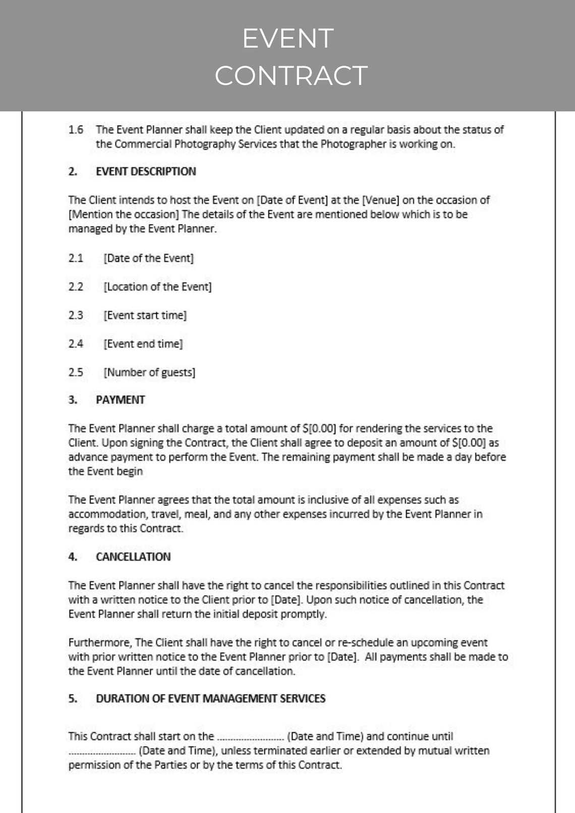 Event Contract, Editable Template, Contract Agreement, Event Contract ...